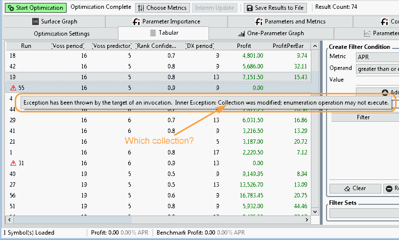 Nonreproducible Errors During Some Parameter Optimization Runs Wealthlab