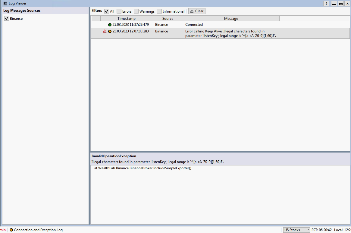 Binance Error Calling Keep Alive In Log Viewer Wealthlab