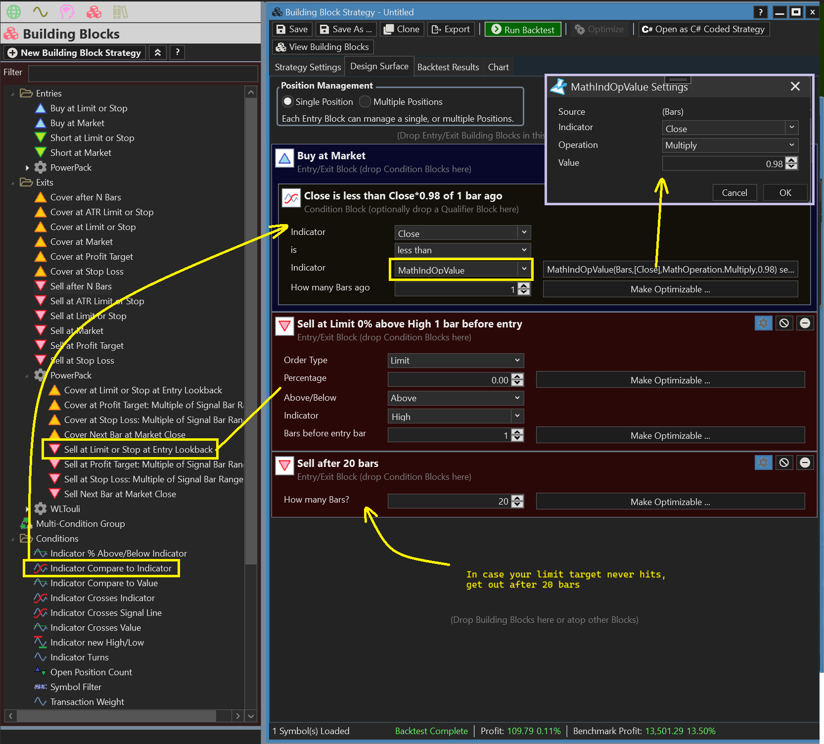 WealthLab - Buy-on-close-below-previous-close-exit-at-entry-bar-s-high-in-Blocks