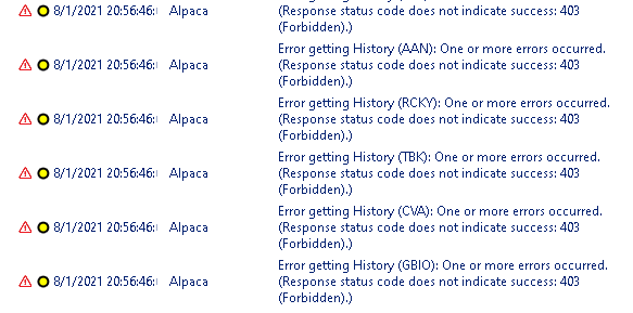 Alpaca Error Getting History Response Status Code Does Not Indicate